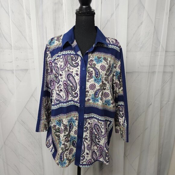 Chico's | Tops | Vintage Chicos Blue Paisley Boho Patchwork Buttondown Blouse 3 Xl | Poshmark